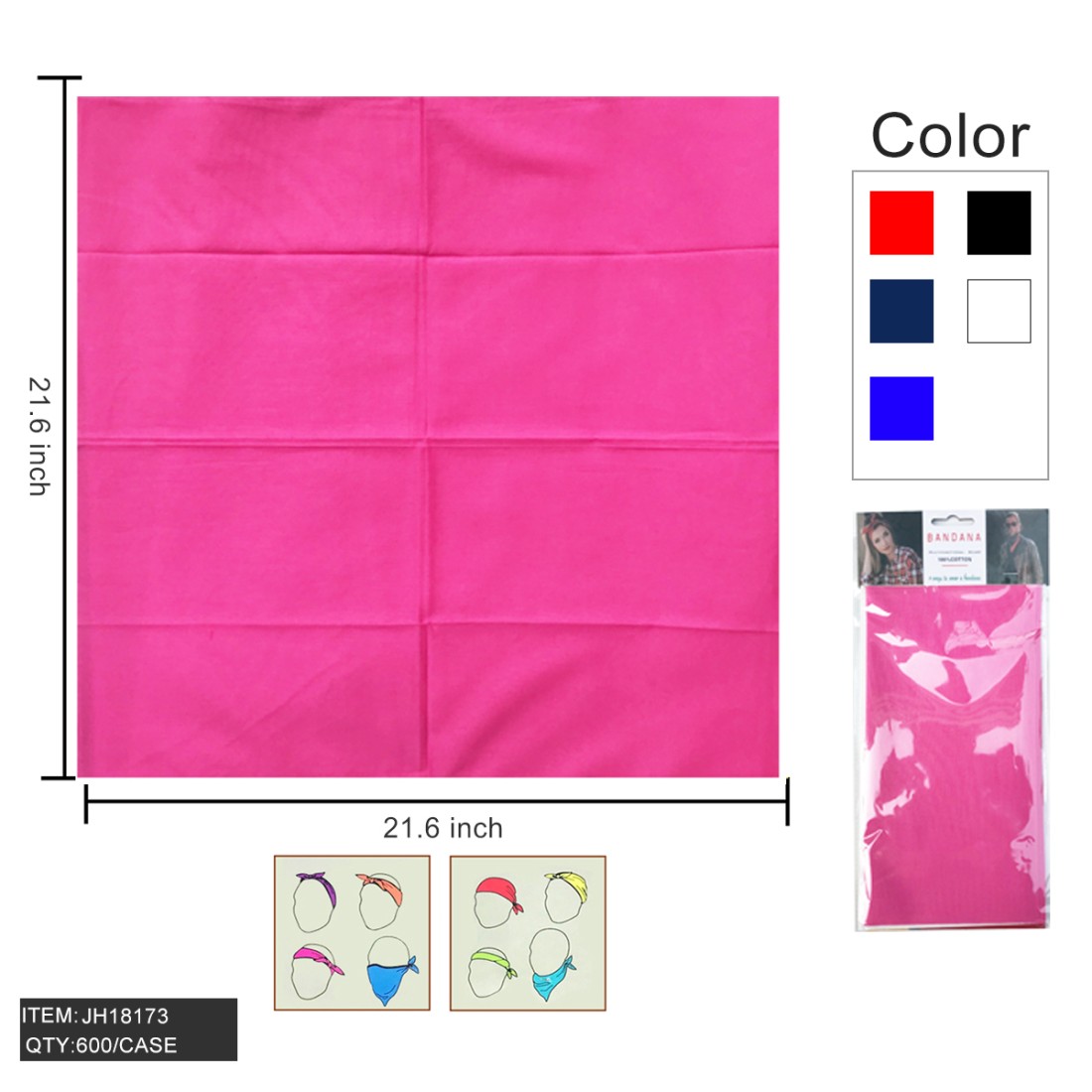 BANDANA - SOLID COLOR 21.6"x21.6" - 6 COLORS 25DZ/CS