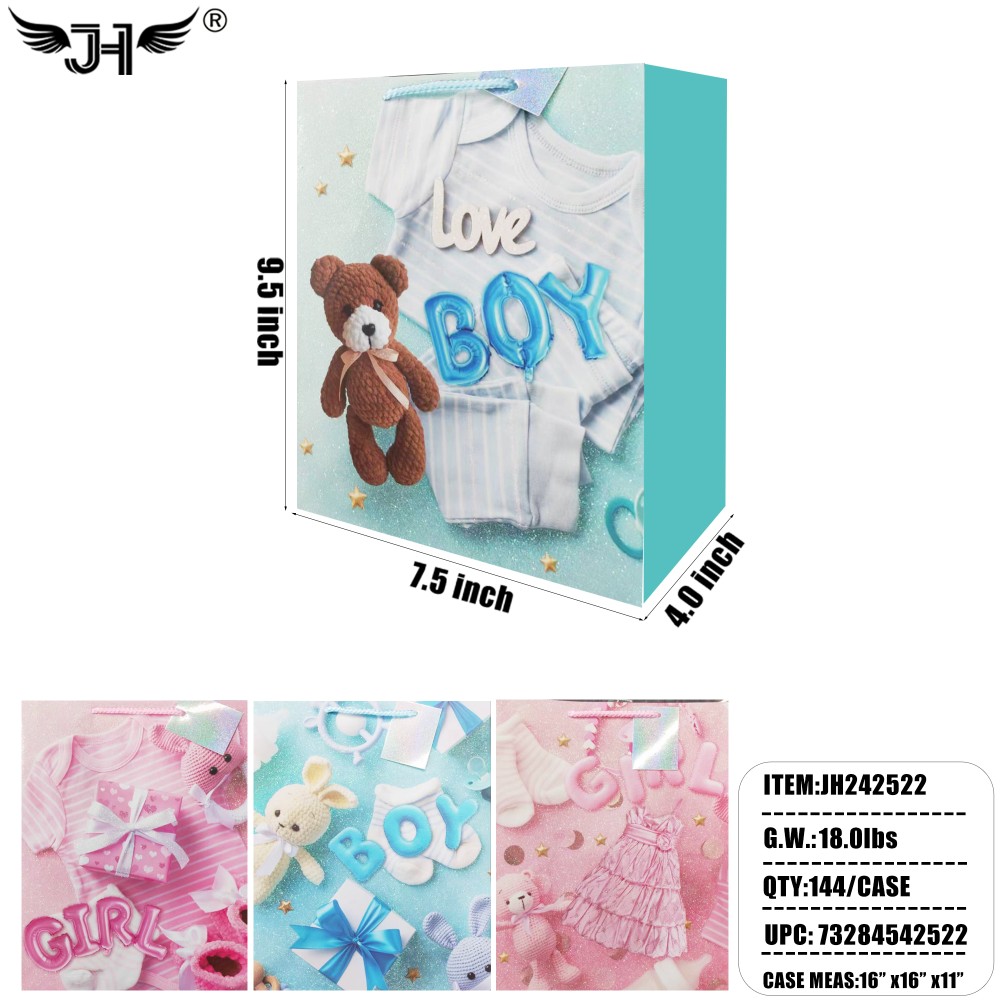 BABY SHOWER GIFT BAG - #2 SIZE S 9"X4"X7" BOY & GIRL 12DZ/CS