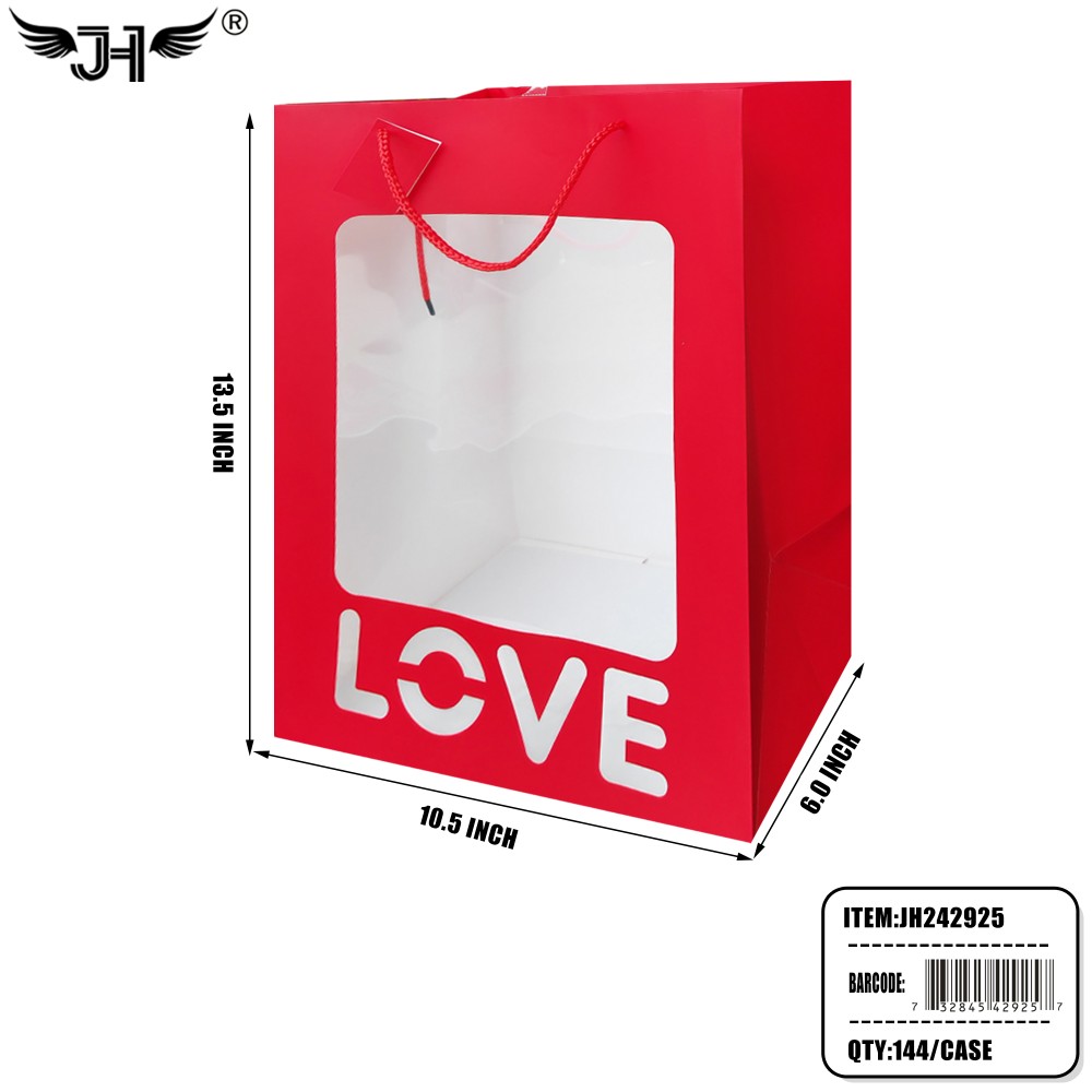 WINDOW OPEN GIFT BAG - #3 SIZE M RED LOVE 11"x6"x13" 12DZ/CS